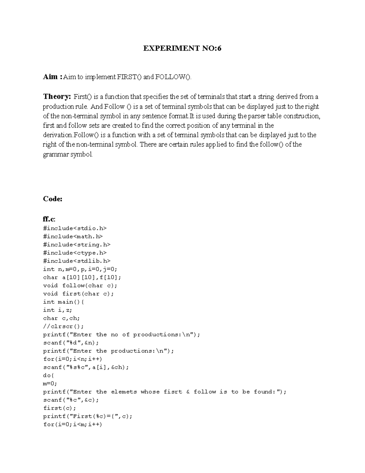 Spcc Practical Experiment No Aim Aim To Implement First And Follow Theory First Is A 