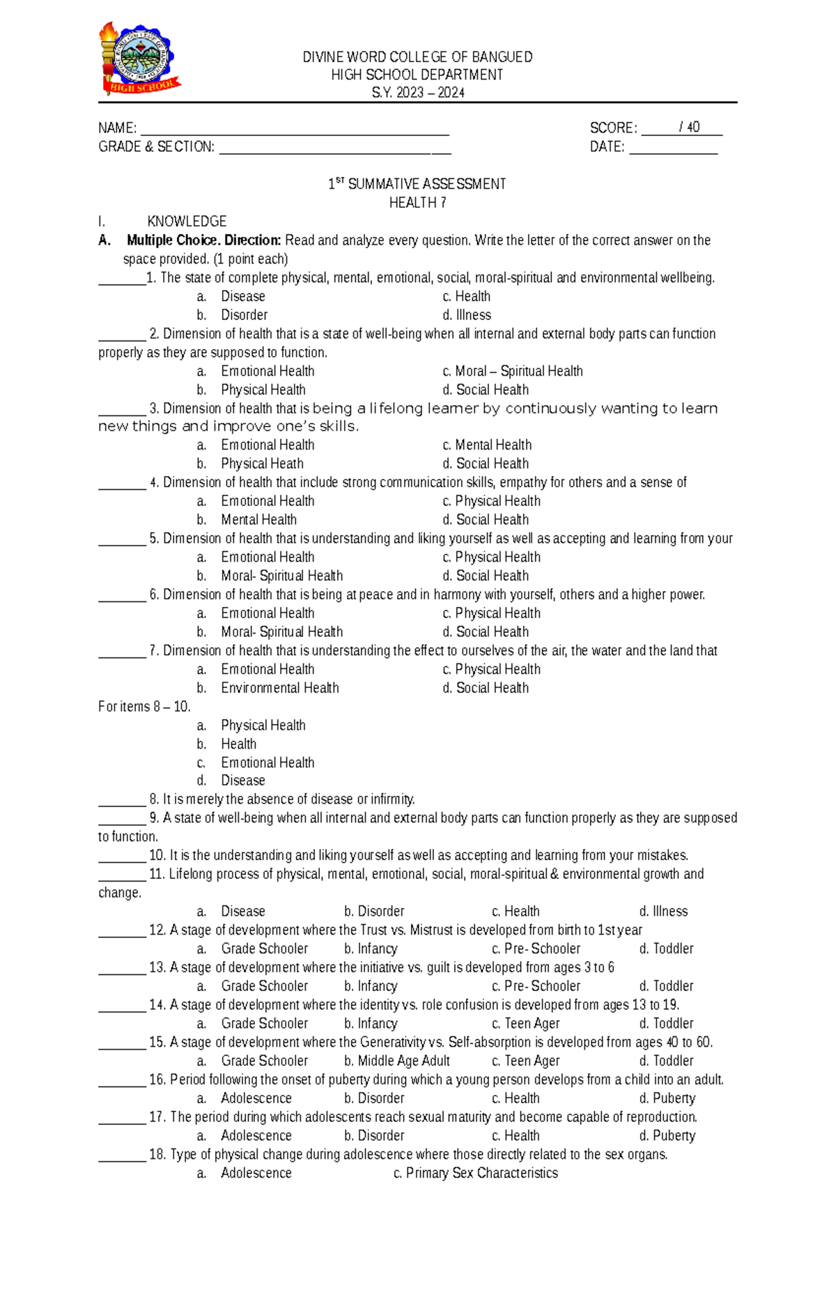 Health 7 1st summative assessment - / 40 DIVINE WORD COLLEGE OF BANGUED ...