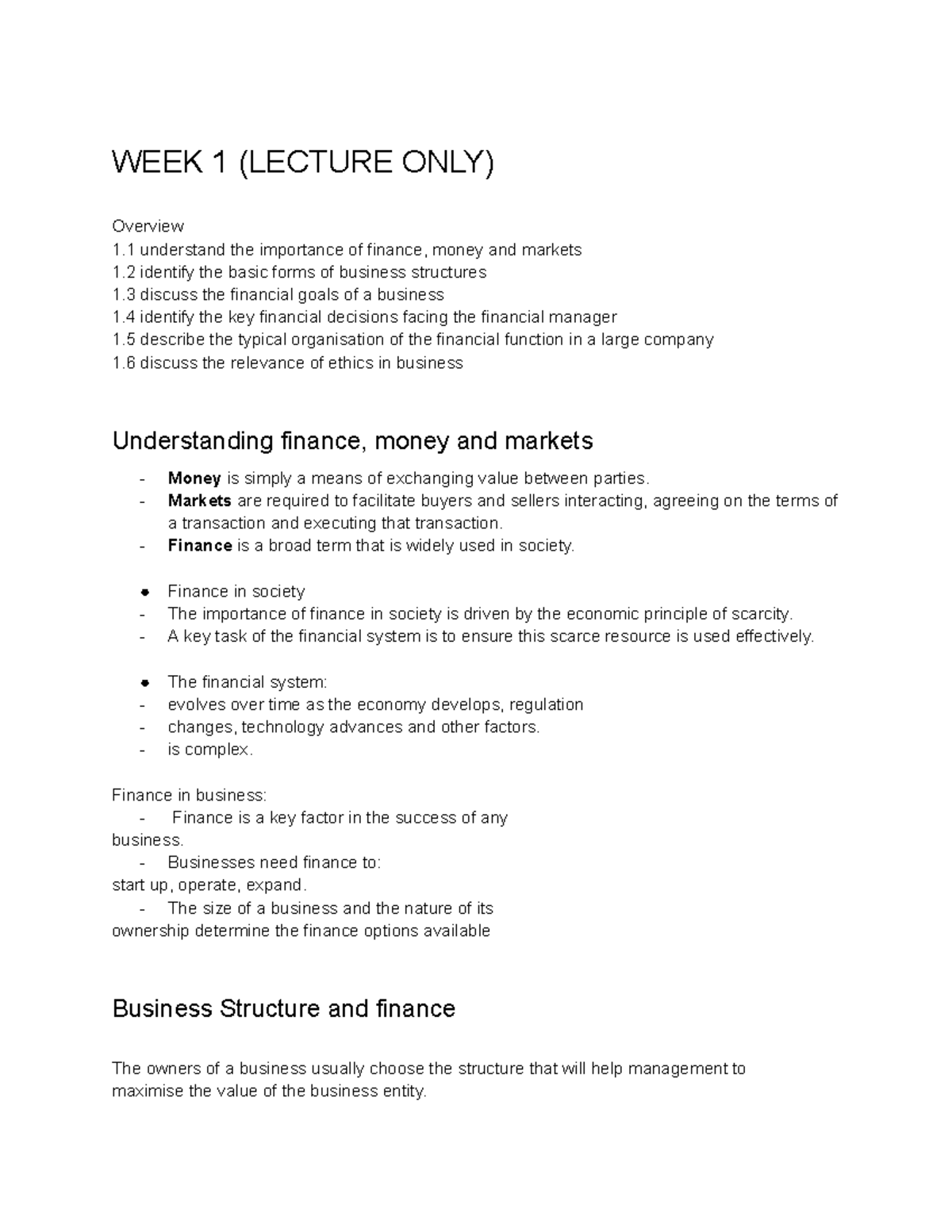 FIN111 Notes - WEEK 1 (LECTURE ONLY) Overview 1 understand the ...