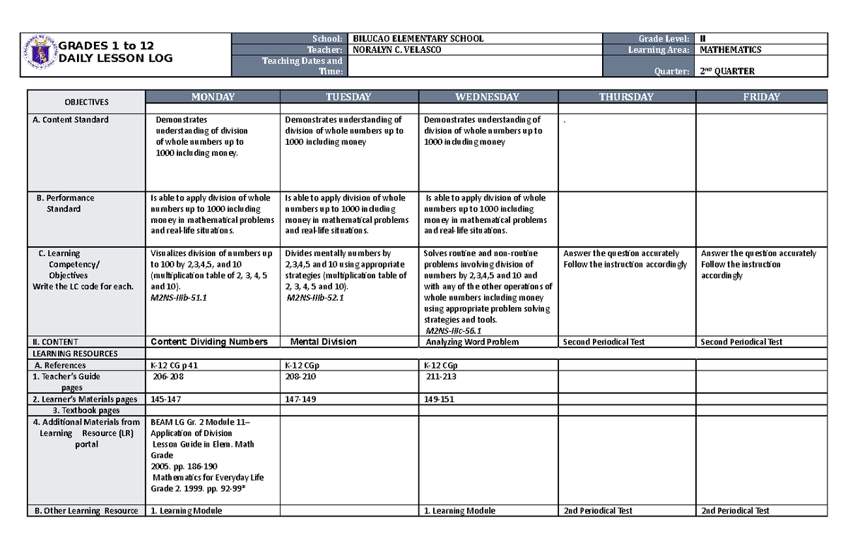 DLL Mathematics 2 Q2 W10 - GRADES 1 to 12 DAILY LESSON LOG School ...