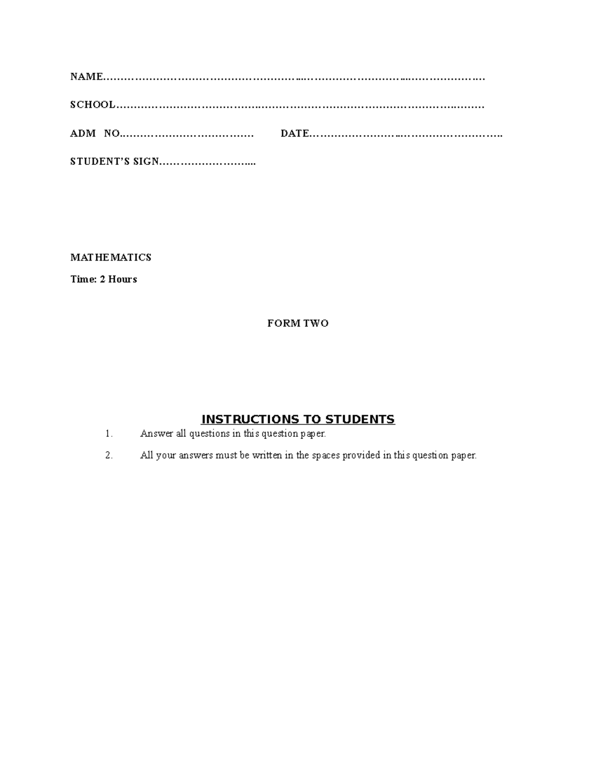 Mathematics Q FORM 2 2022 END TERM 1 Teacher - - Studocu