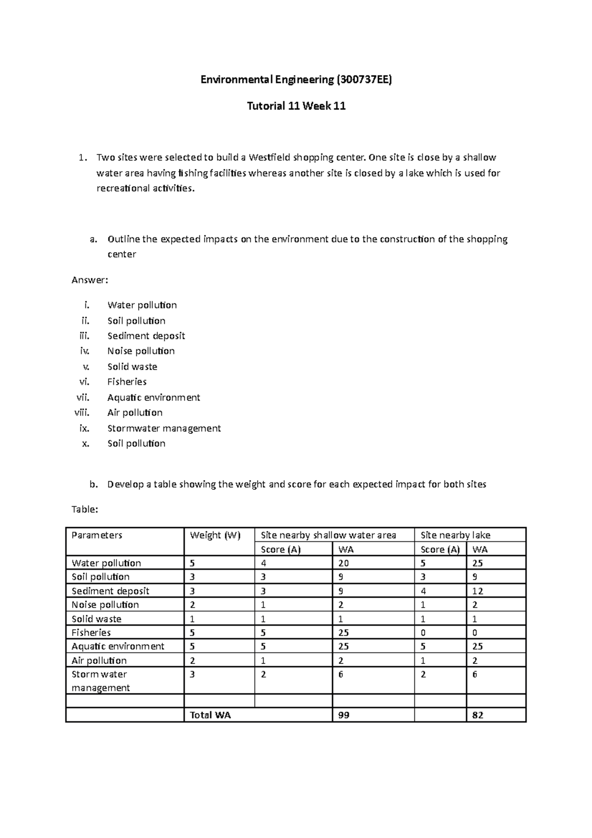 Tutorial Week 11 Solution - Environmental Engineering (300737EE ...