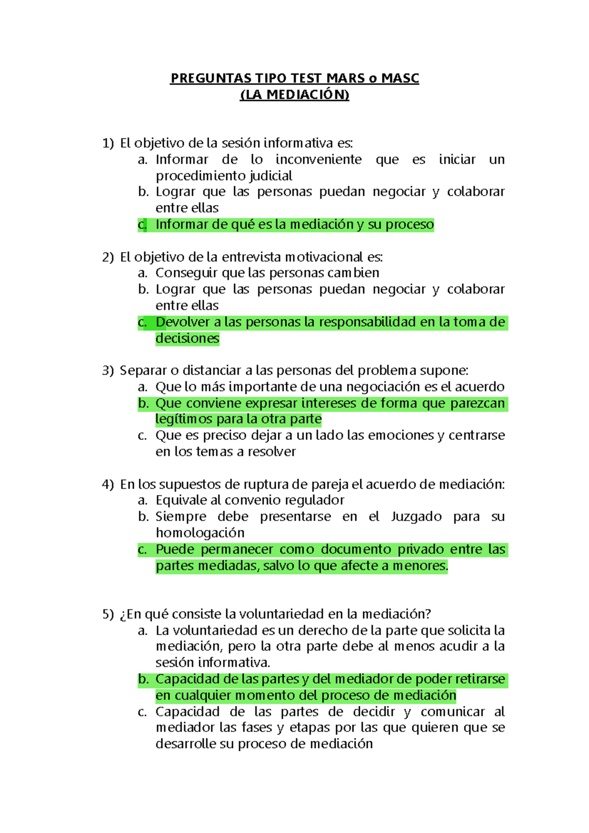 Práctica 1 procesal - PREGUNTAS TIPO TEST MARS o MASC (LA MEDIACIÓN) El ...