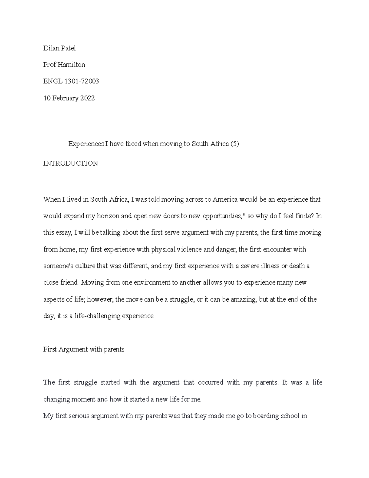 Final draft Narrative essay - Dilan Patel Prof Hamilton ENGL 1301- 10 ...
