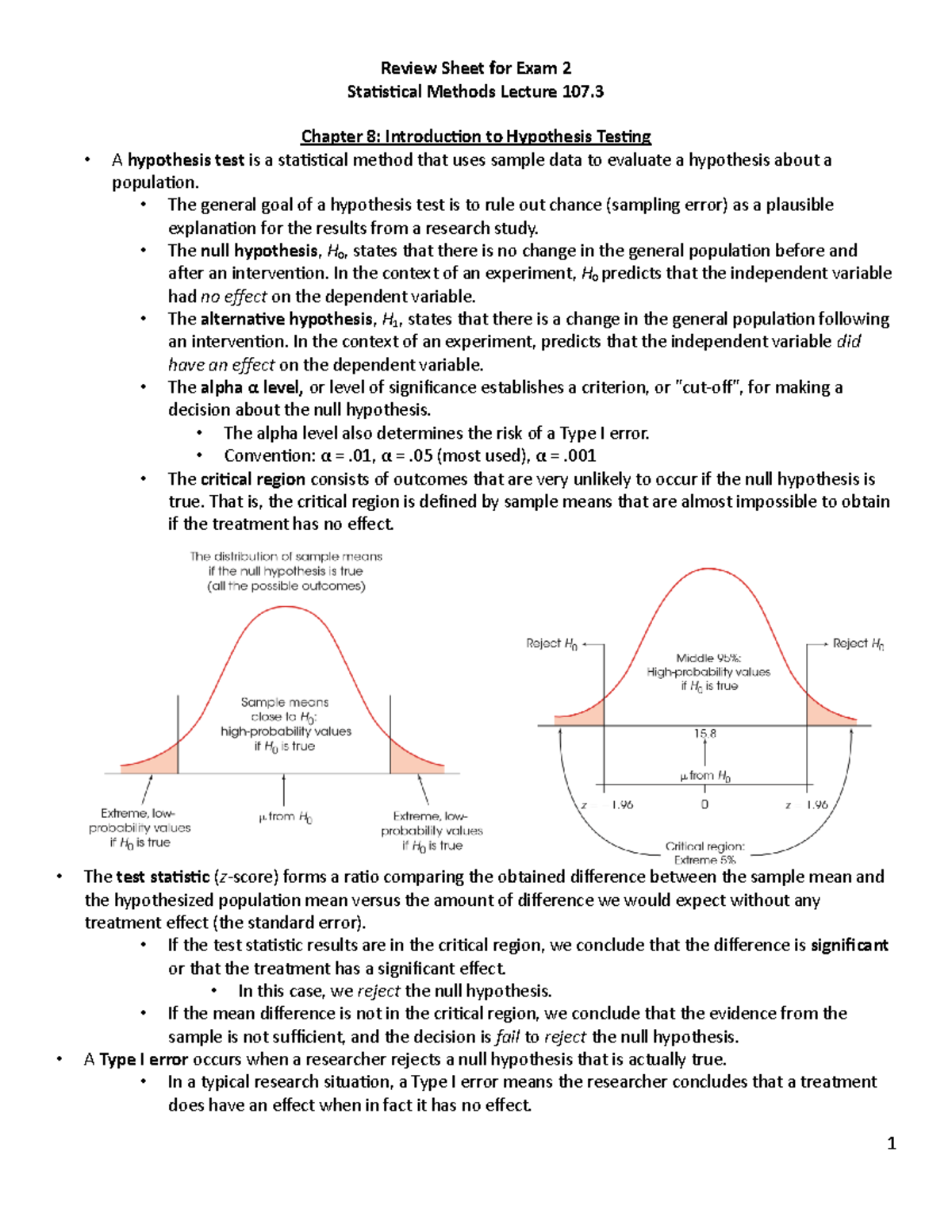 Review Sheet Exam 2 107 - Review Sheet for Exam 2 Statistical Methods ...