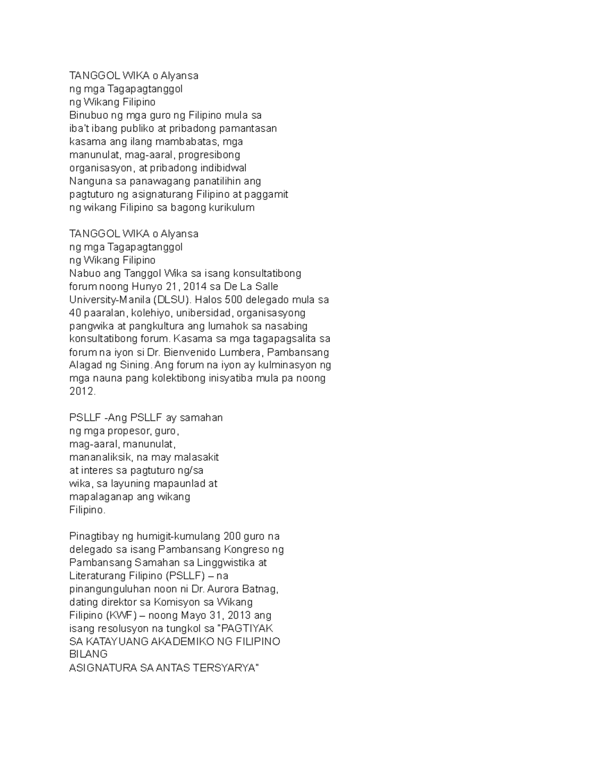 Komfil 1 - Assignment - TANGGOL WIKA o Alyansa ng mga Tagapagtanggol ng Wikang Filipino Binubuo ...