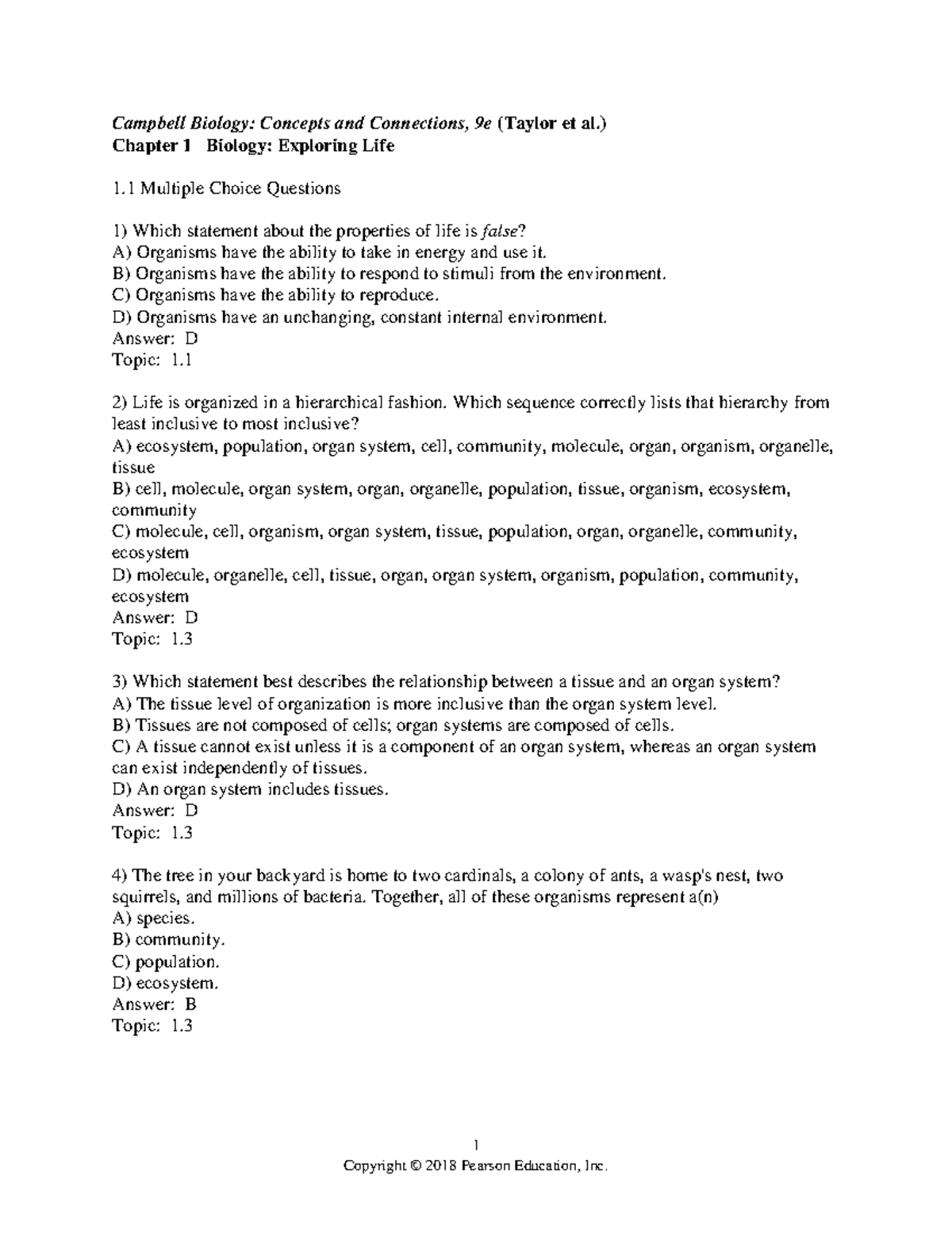 Chapter 1 Answers - answer bank for homework #1 - 1 Campbell Biology ...