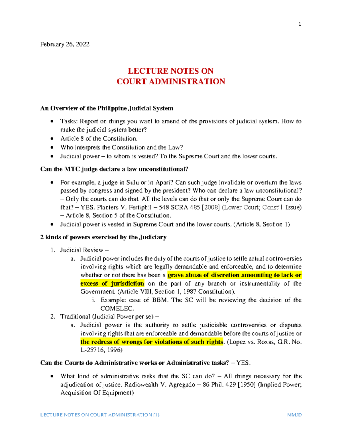 Lecture Notes on Court Administration (1) - 1 LECTURE NOTES ON COURT ...