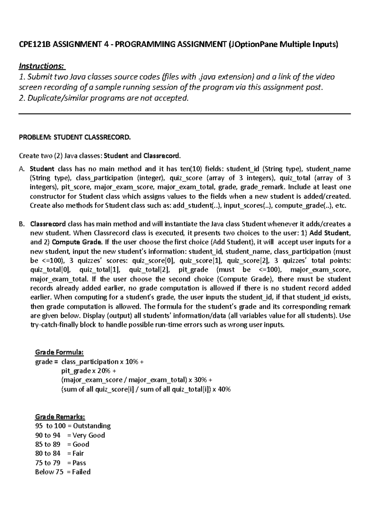 OOP Assignment - CPE121B ASSIGNMENT 4 - PROGRAMMING ASSIGNMENT (JOptionPane Multiple Inputs ...
