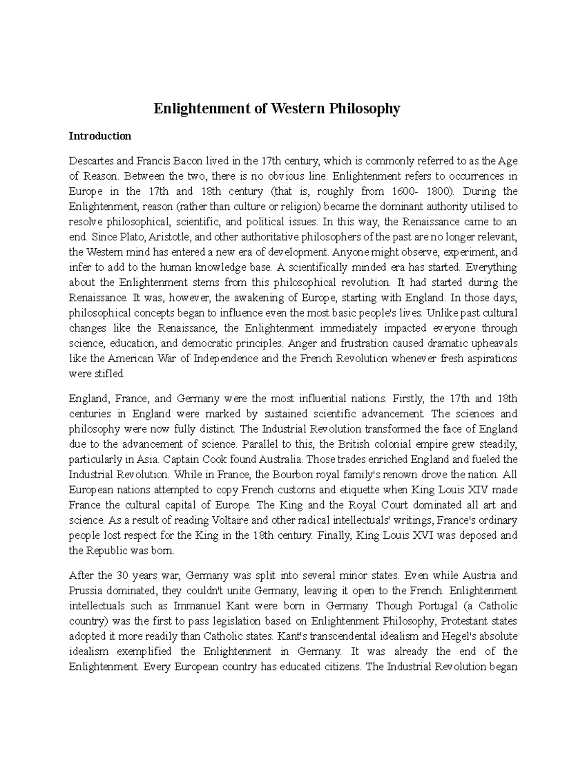 Enlightenment of Western Philosophy - Enlightenment of Western ...