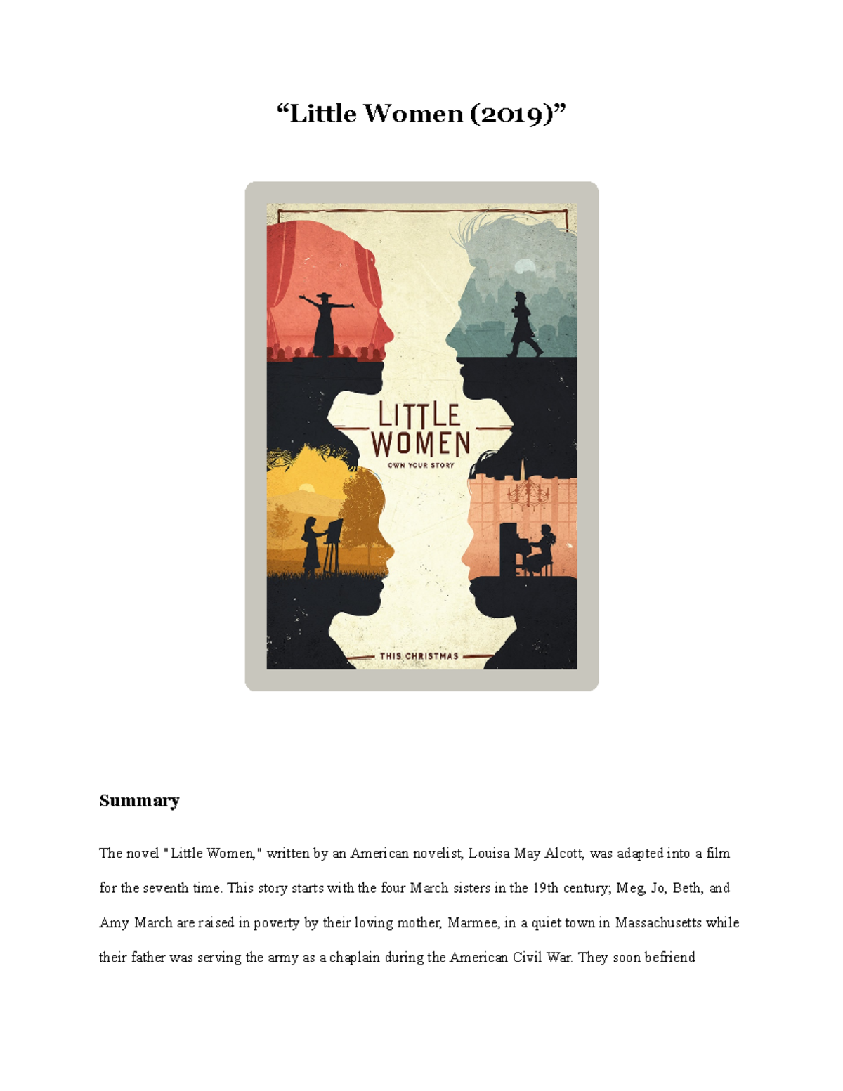 Little Women Critique Paper - “Little Women (2019)” Summary The novel ...