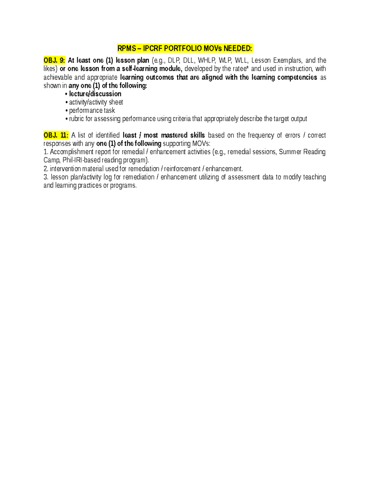 RPMS - Needed MOVs FOR NCOI - RPMS – IPCRF PORTFOLIO MOVs NEEDED: OBJ ...