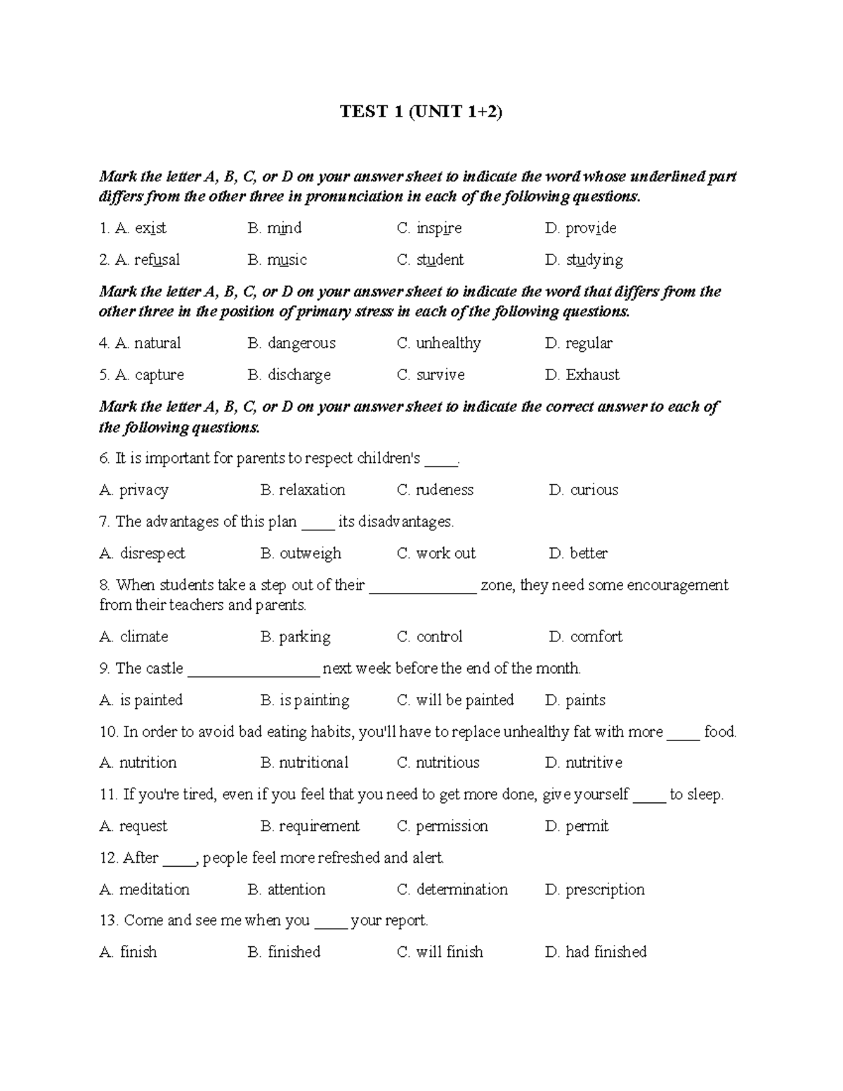 Test 1 (Unit 1+2) - Tài liệu trắc nghiệm tiếng Anh - TEST 1 (UNIT 1+2 ...