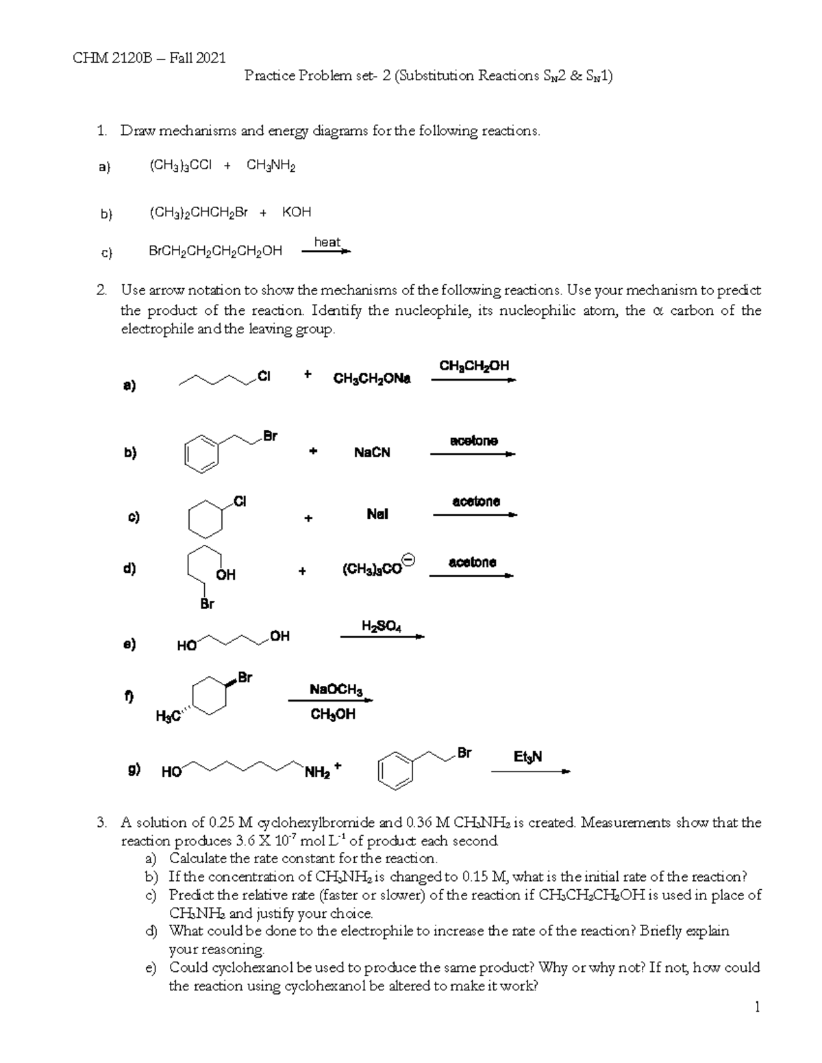 Problem set 2 SN1 and SN2 - Practice Problem set- 2 (Substitution Reactions SN2 & SN1) Draw ...