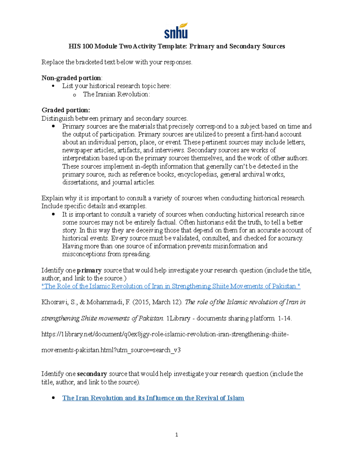 HIS 100 Module Two Activity Sources Template (1) - HIS 100 Module Two ...