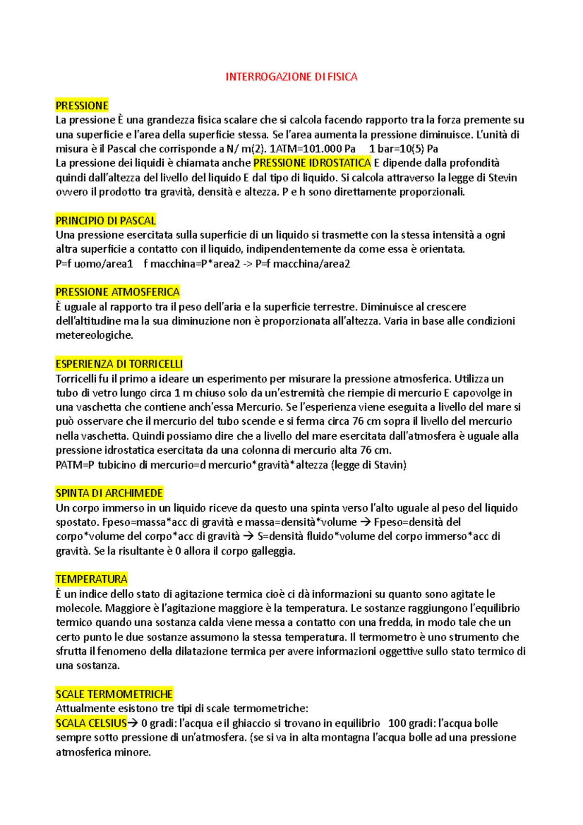 ripasso DI Fisica - INTERROGAZIONE DI FISICA PRESSIONE La pressione È ...