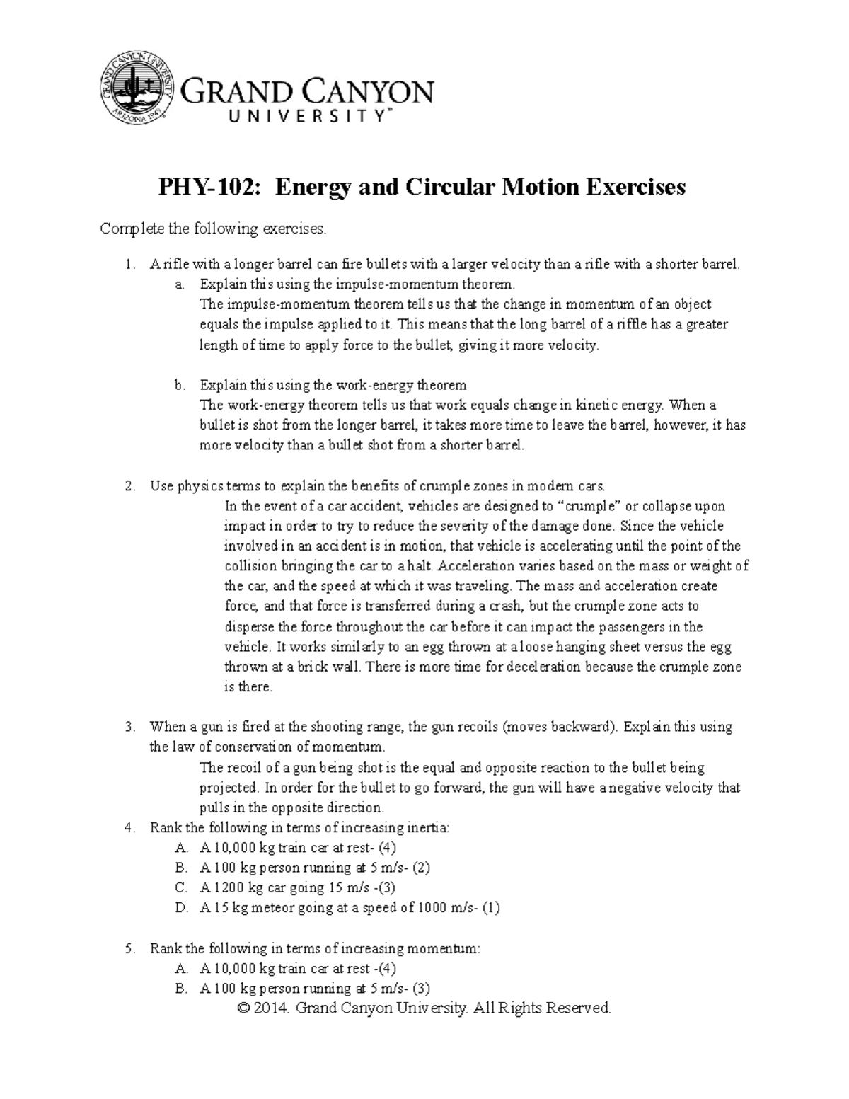 -Energyand Circular Motion Exercises - PHY-102: Energy and Circular Motion Exercises Complete ...