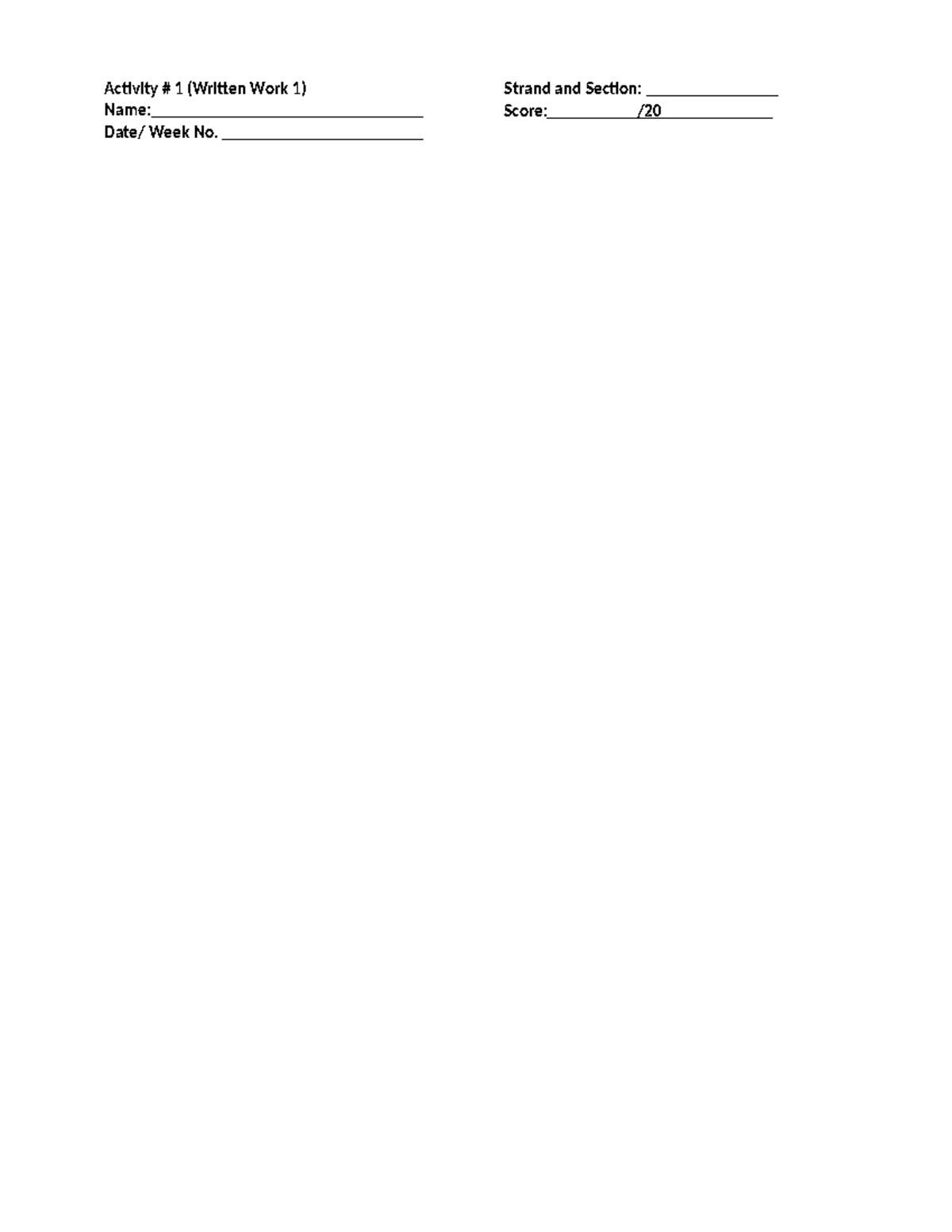 activty hHAHAHHAHAH - Activity # 1 (Written Work 1) Name: Date/ Week No. Strand and Section ...