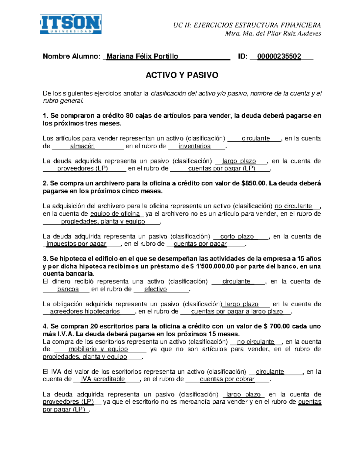 II Ejercicio DE Activo Y Pasivo, introducción a la contabilidad, unidad II - UC II: EJERCICIOS ...