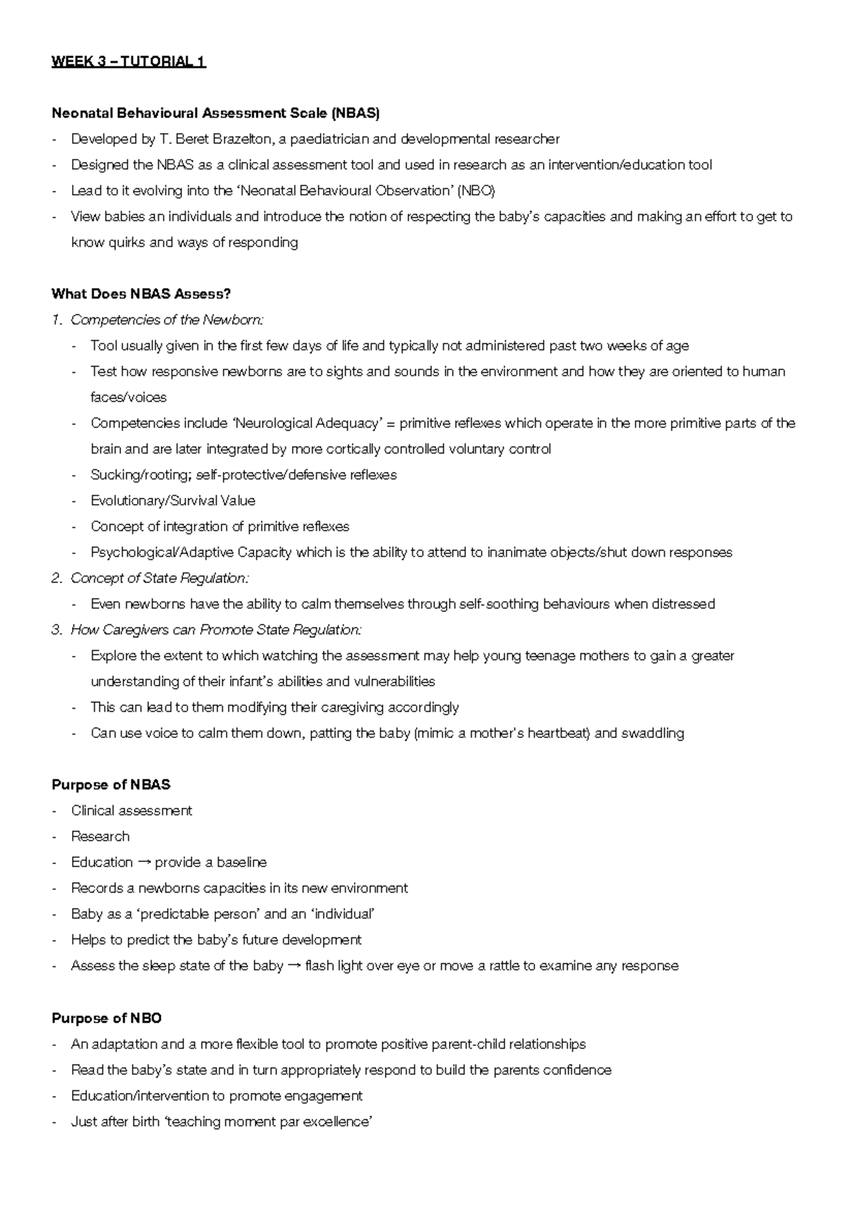 Full Unit Tutorial Notes - WEEK 3 – TUTORIAL 1 **Neonatal Behavioural ...