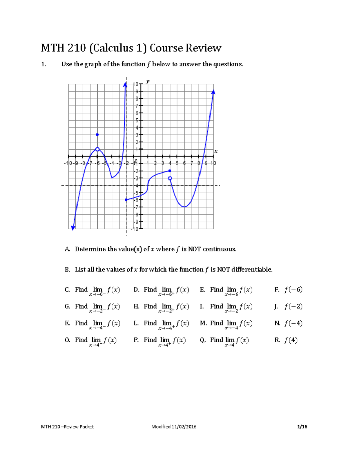 210 Final Exam Review - MTH 210 (Calculus 1) Course Review Use the graph of the function Ā below ...