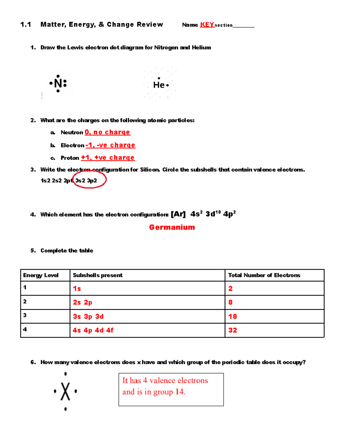 Atomic Structure Review 24 25 KEY - 1 Matter, Energy, & Change Review ...