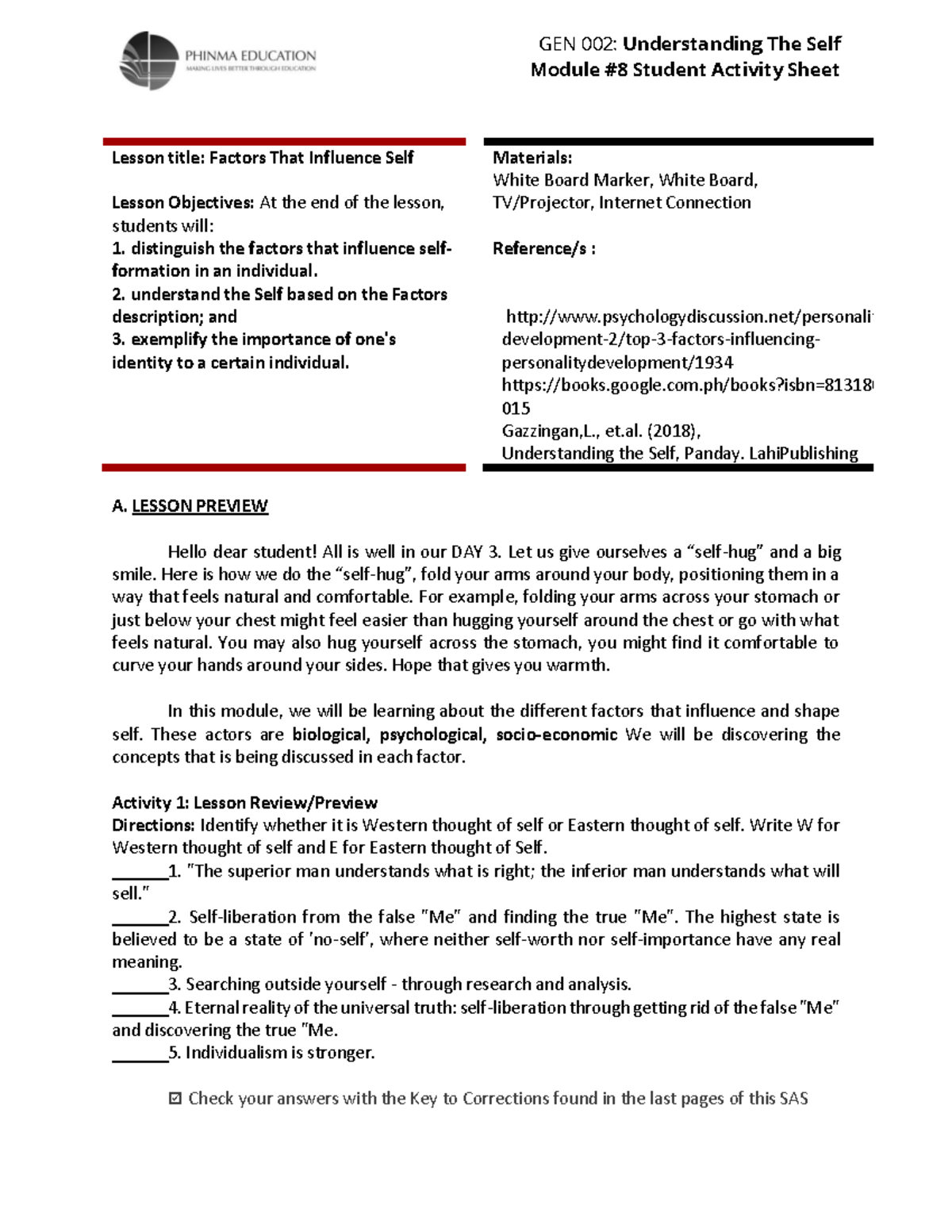 SAS#8-GEN 002 - Understanding Self - Module #8 Student Activity Sheet ...