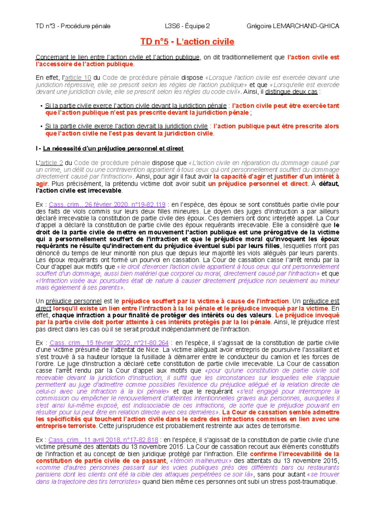TD n°5 - L’action civile - TD n°3 - Procédure pénale L3S6 - Équipe 2 Grégoire LEMARCHAND-GHICA ...