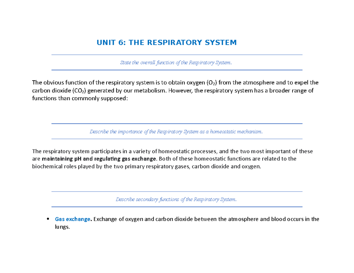 UNIT 6 respiratory system - UNIT 6: THE RESPIRATORY SYSTEM State the ...