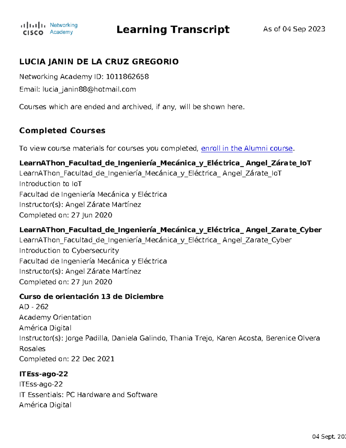 Net Acad Learning Transcript - Learning Transcript As of 04 Sep 2023 LUCIA JANIN DE LA CRUZ ...