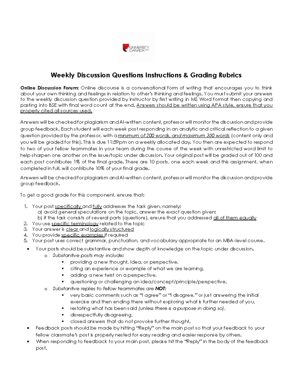 Weekly Discussion Questions Instructions & Grading Rubrics - Weekly ...