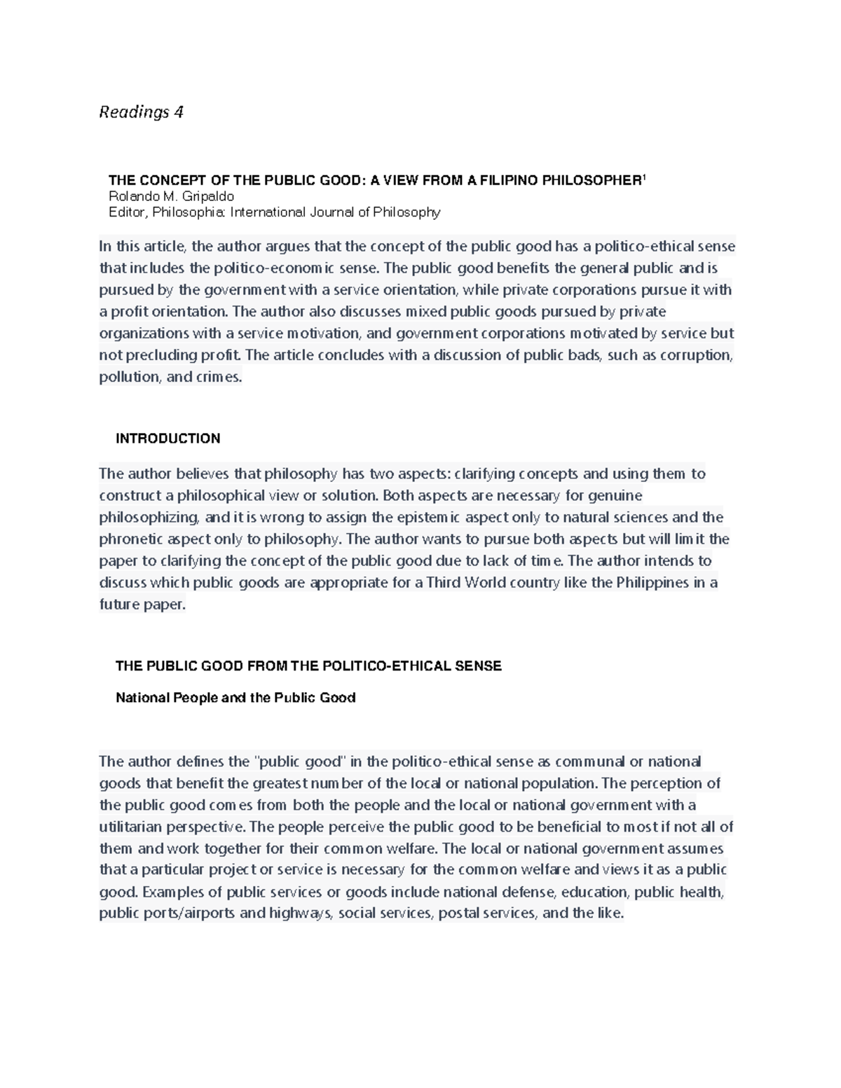 Readings-4 - Summarization of Readings 4 - Readings 4 THE CONCEPT OF ...