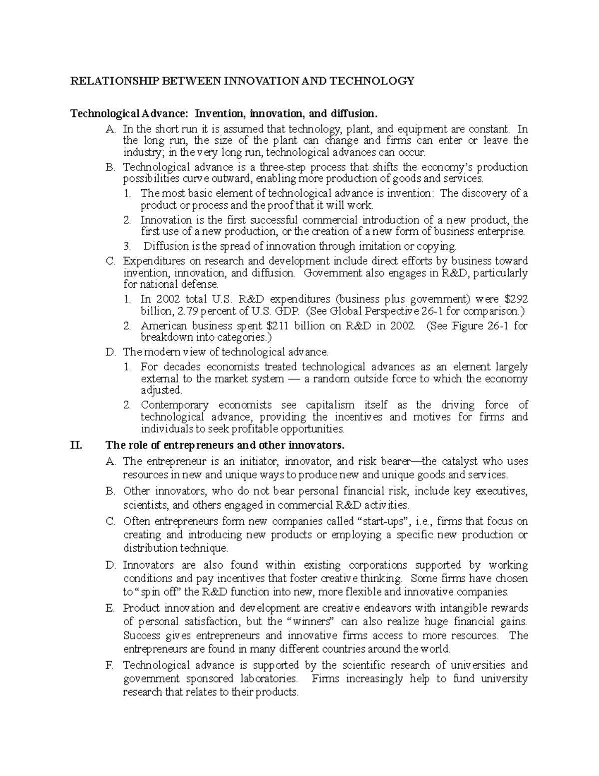 Lect3 tech and inno - Notes - RELATIONSHIP BETWEEN INNOVATION AND ...