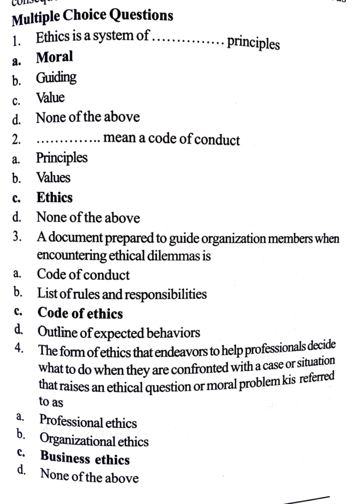 Ethics questions - l,;Ul'-'"'-i - Multiple Choice Questions l. Ethics ...