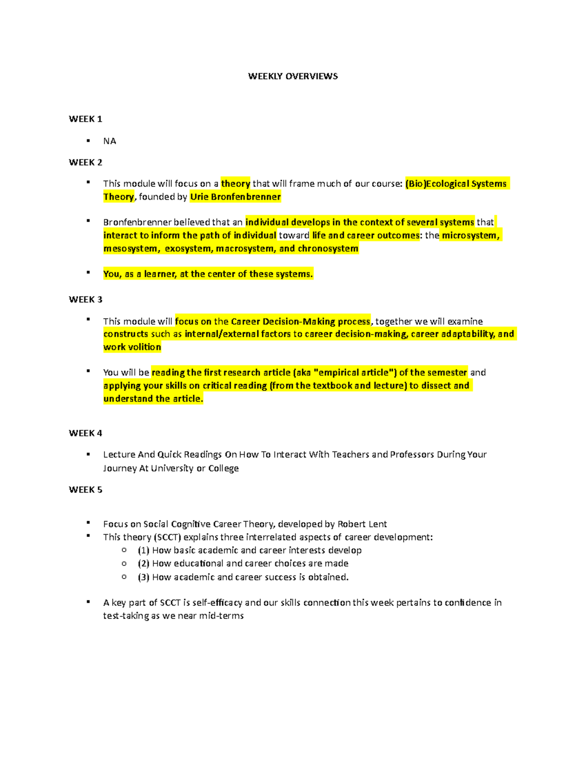 Planning Your Major, Career - All Week Overviews - WEEKLY OVERVIEWS ...