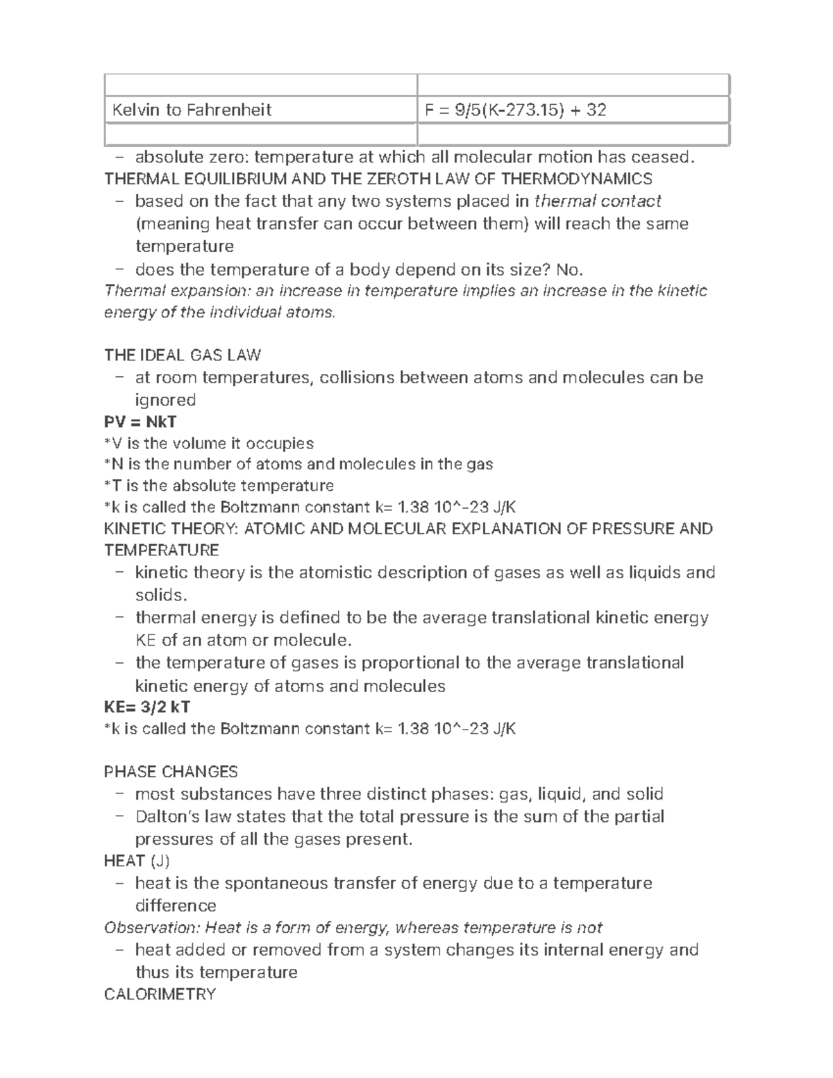 6-9 Physics I Final Review Guide - – – – – – – – – – – – Kelvin to ...