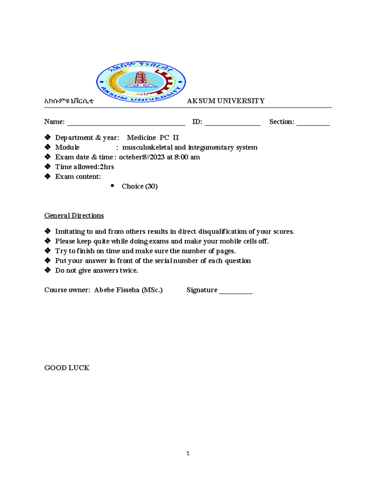 Exam for PC II 2023 - አክሱምዩኒቨርሲቲ AKSUM UNIVERSITY Name ...