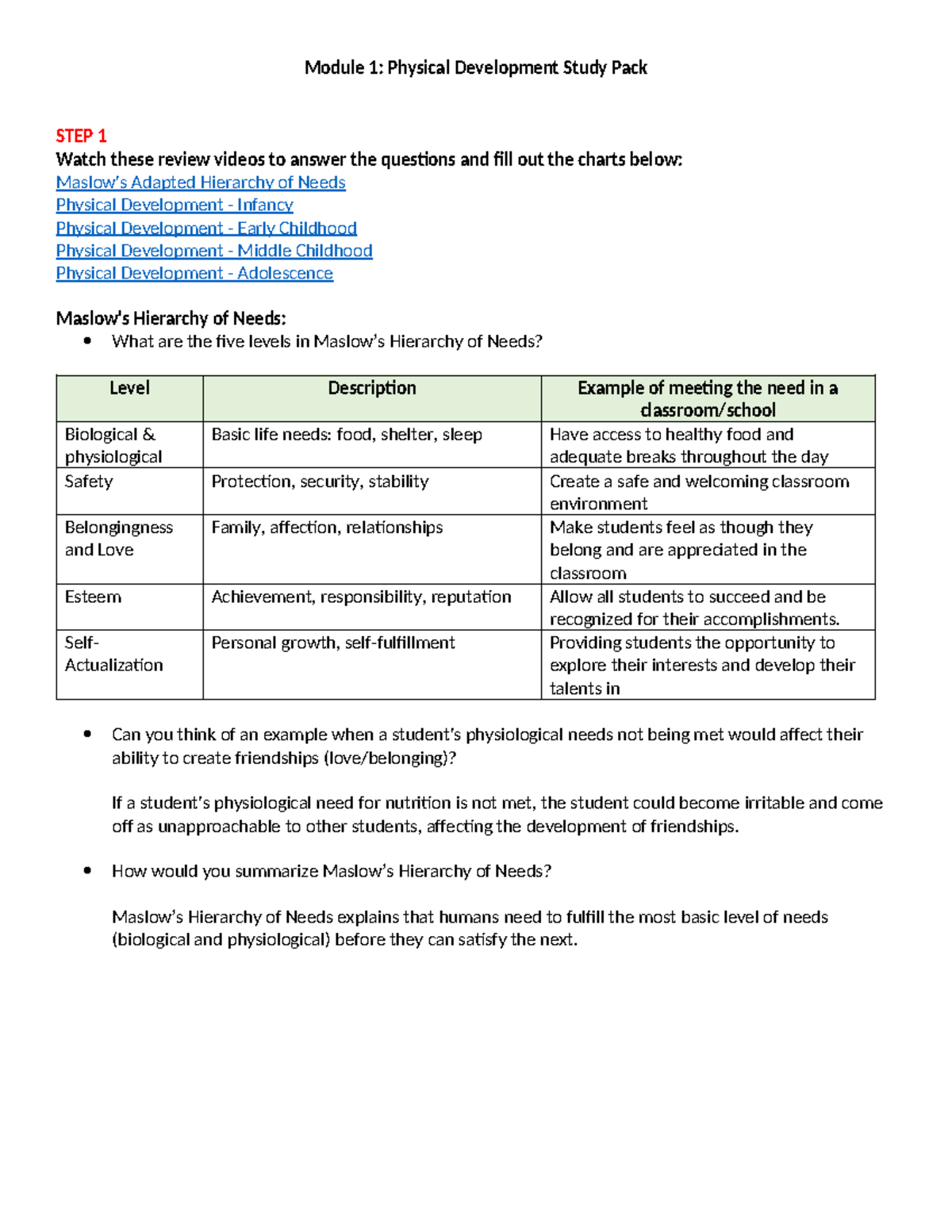 Module 1 study pack - Module 1: Physical Development Study Pack STEP 1 Watch these review videos ...