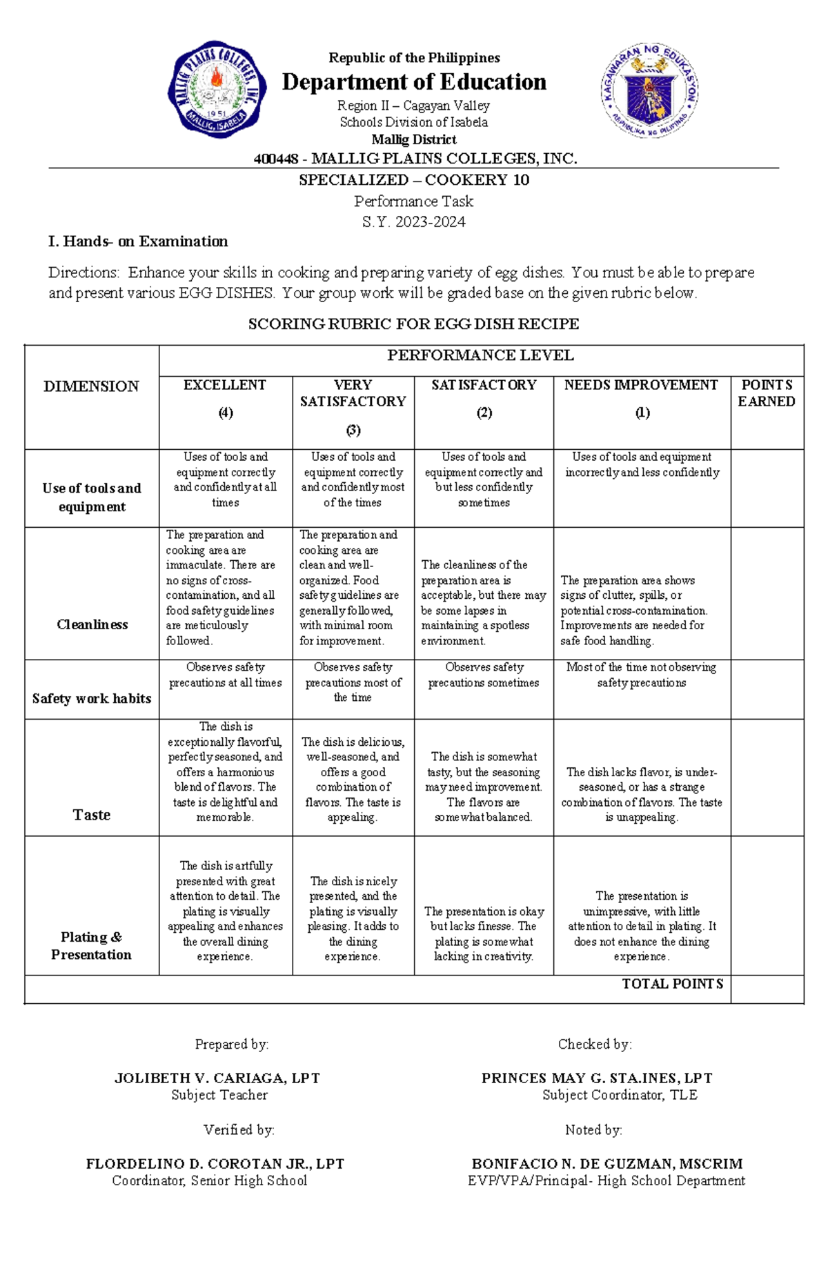 Grade 10 Rubrics FOR EGG Dishes - Republic of the Philippines ...