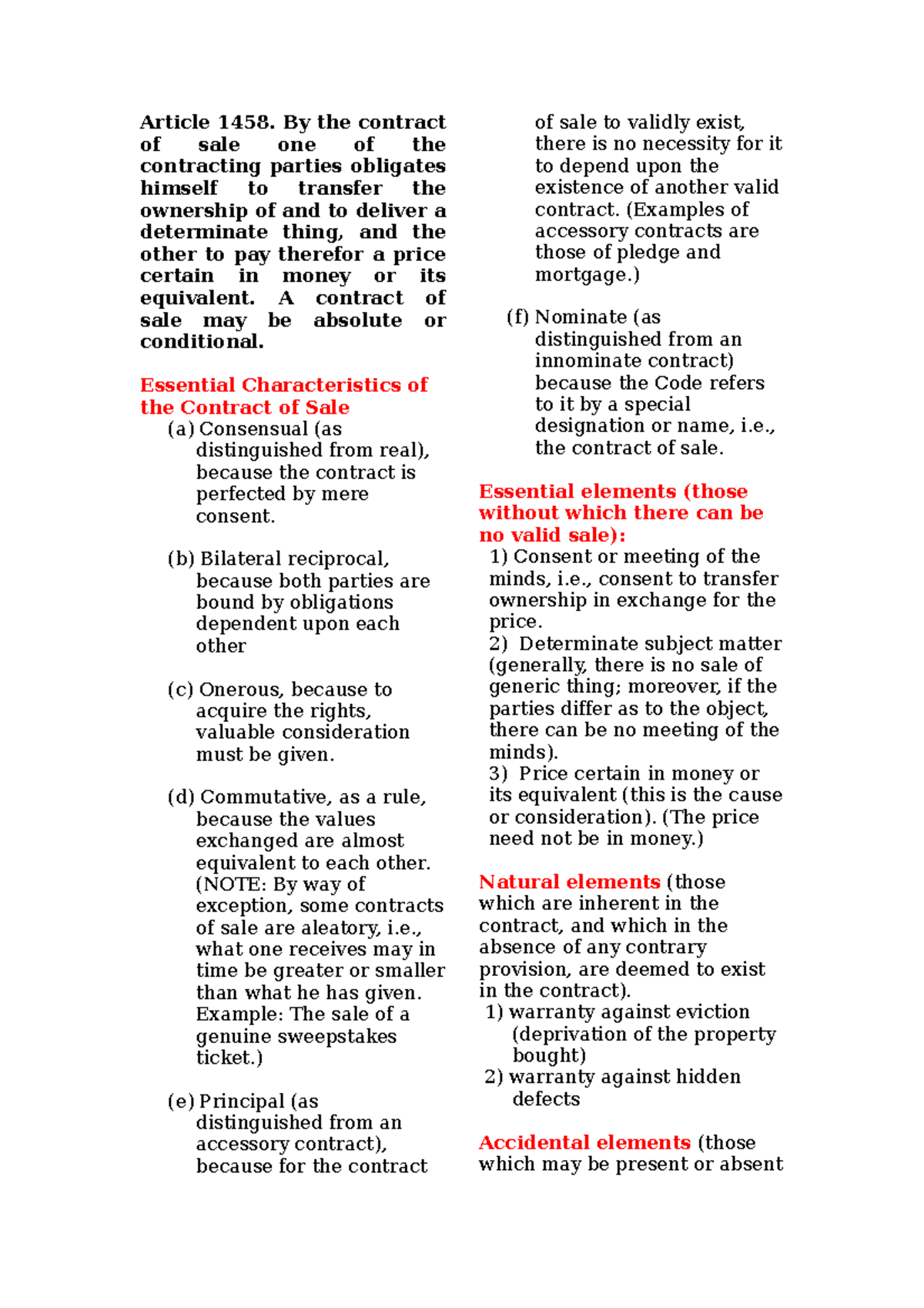 Law on sales - Article 1458. By the contract of sale one of the ...