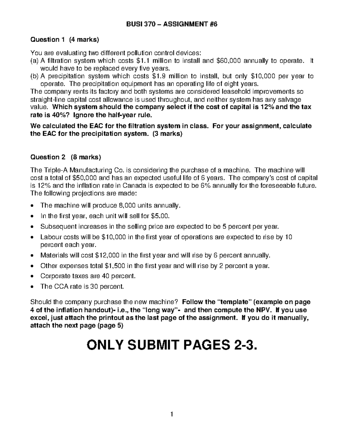 BUSI 370 - Assignment #6 - BUSI 370 – ASSIGNMENT #6 Question 1 (4 marks ...