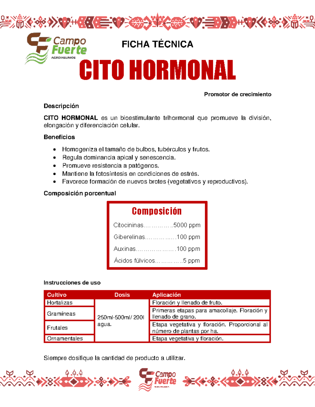 Cito Hormonal - Ficha Técnica - FICHA TÉCNICA CITO HORMONAL Promotor de crecimiento Descripción ...