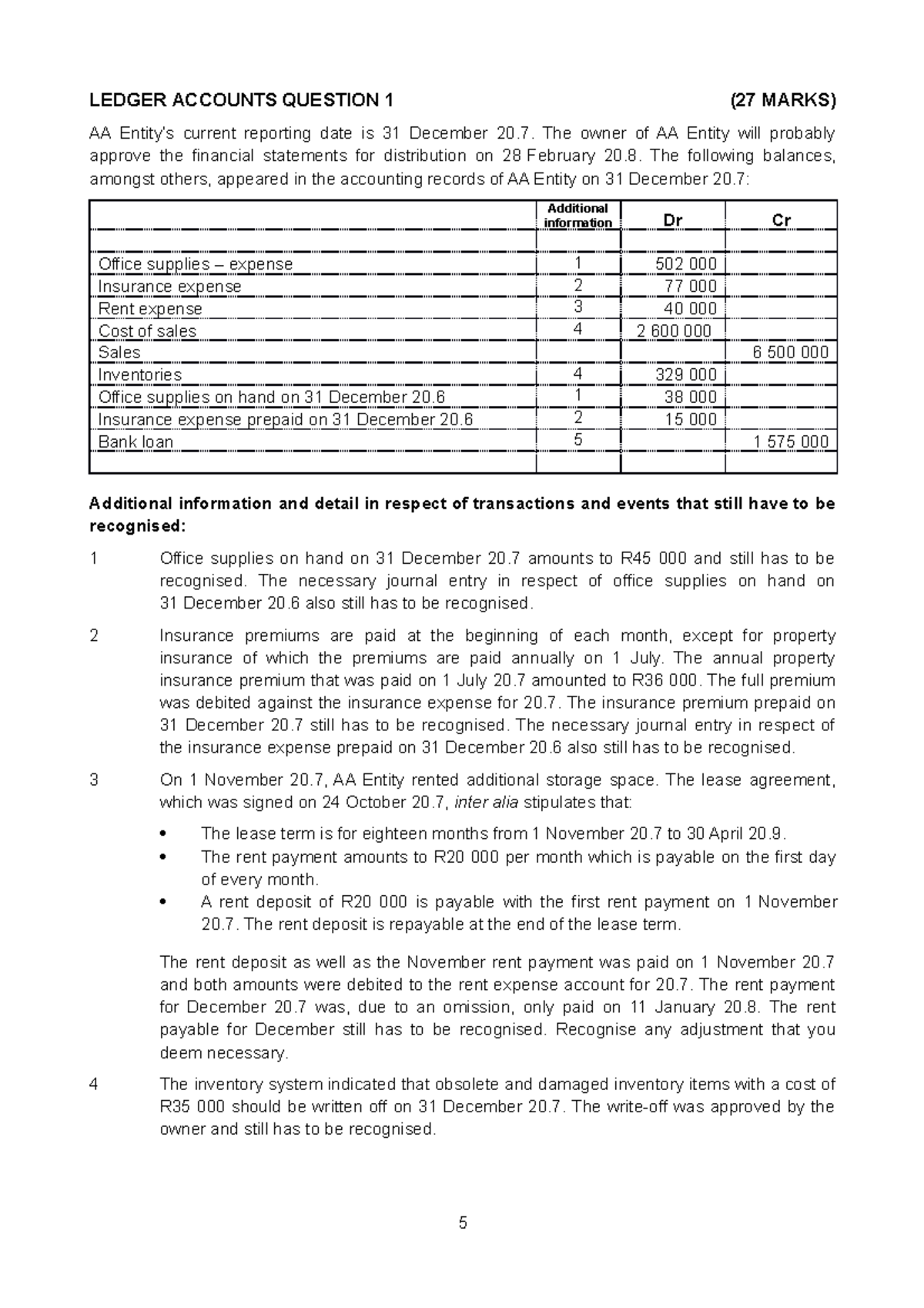 Ledger Accounts Q1 - LEDGER ACCOUNTS QUESTION 1 (27 MARKS) AA Entity’s ...