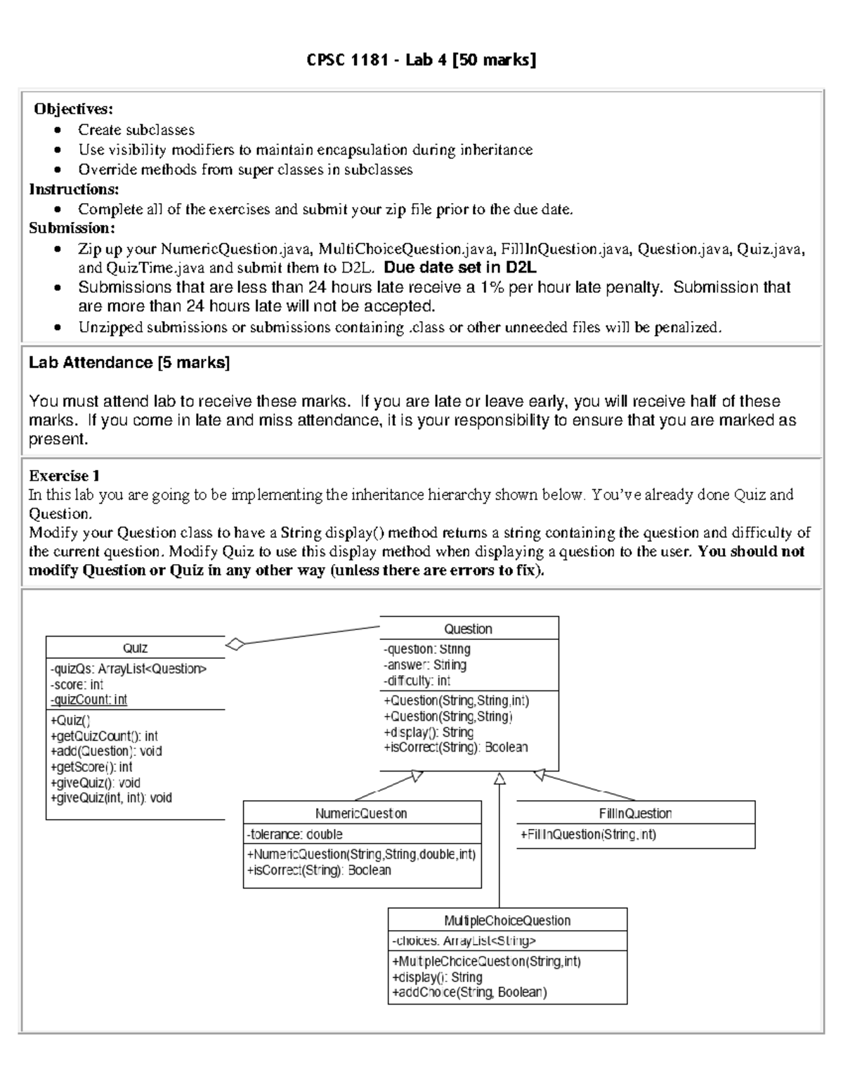 Lab 4 In Class Lab Cpsc 1181 Lab 4 [50 Marks] Objectives Create Subclasses Use