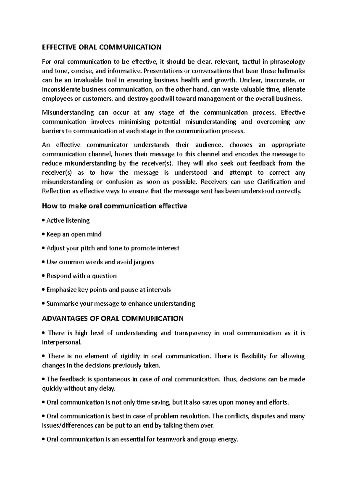 Effective ORAL Communication - EFFECTIVE ORAL COMMUNICATION For oral ...