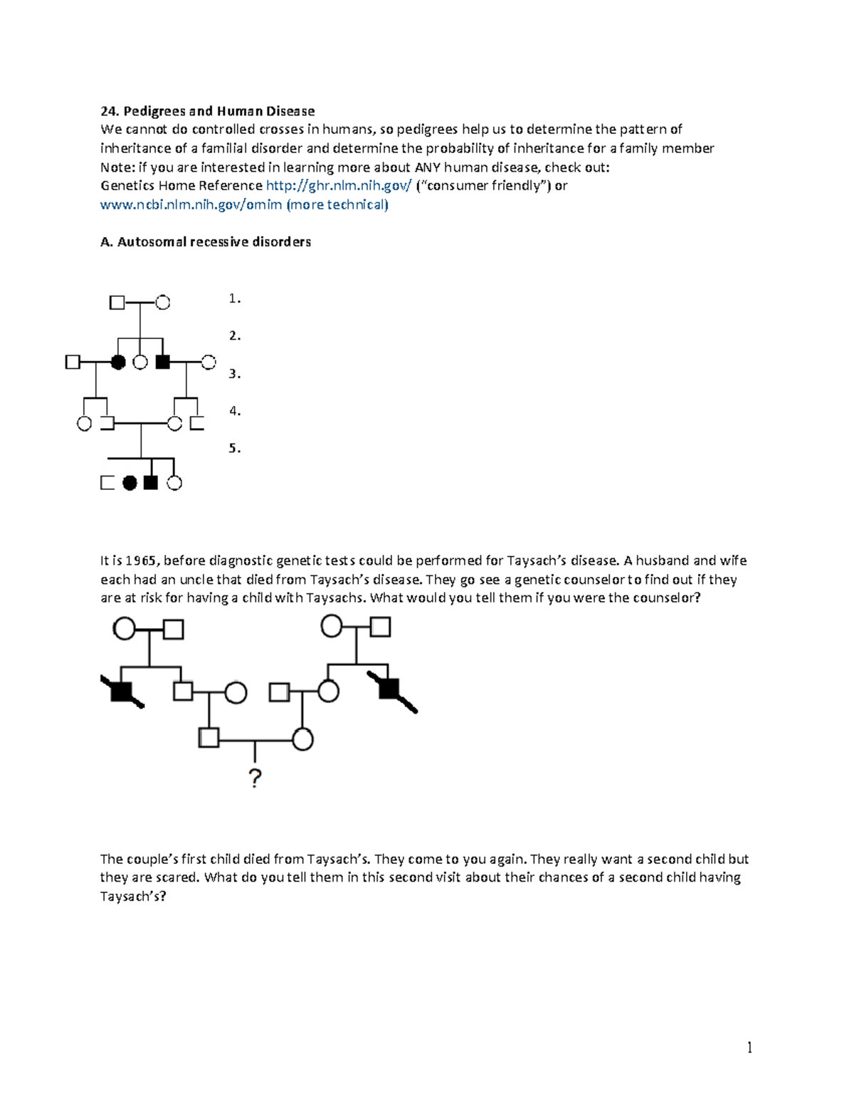 Lesson 24 class outline S21 - Pedigrees and Human Disease We cannot do ...