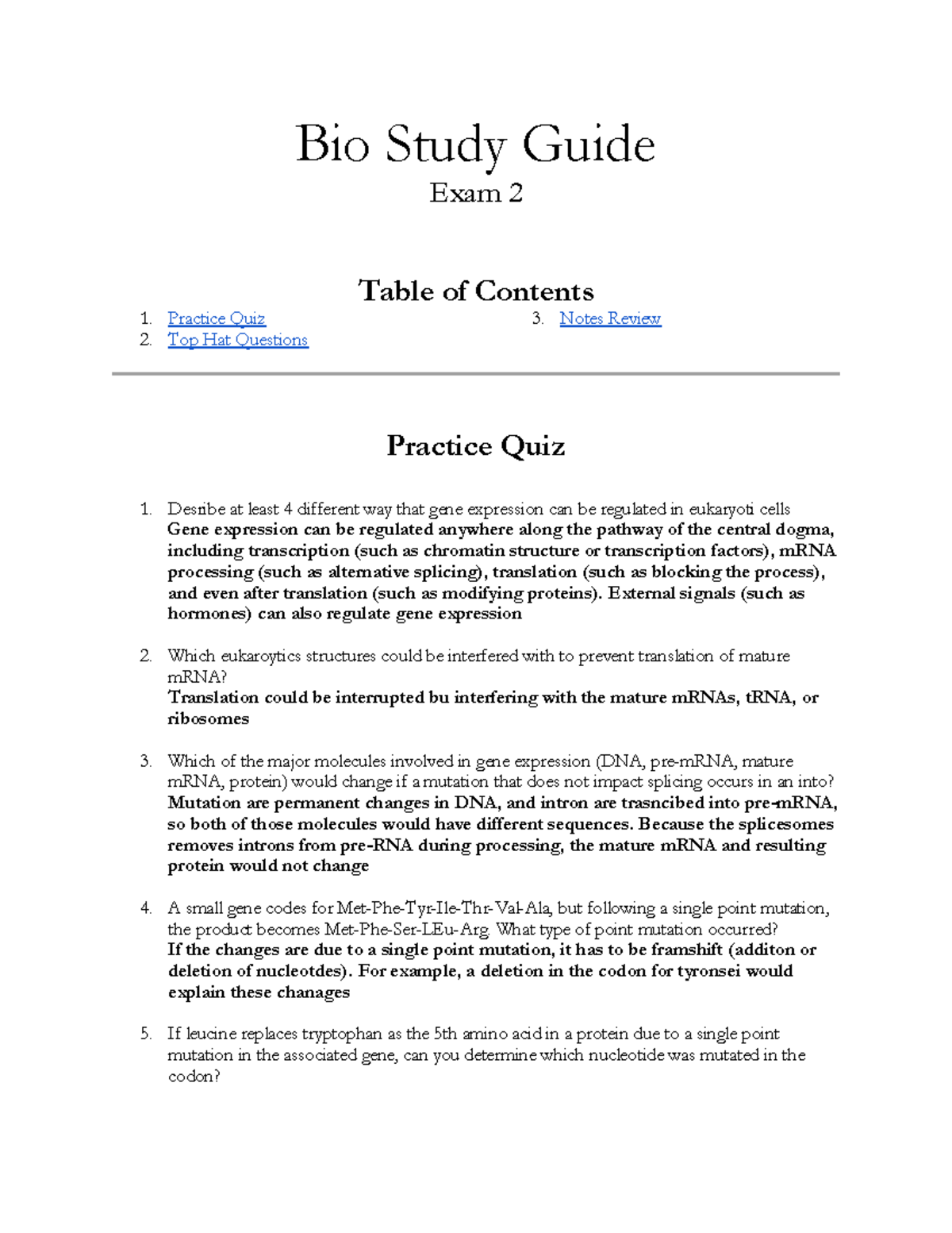 Bio Study Guide - Exam 2 - Bio Study Guide Exam 2 Table of Contents 1 ...