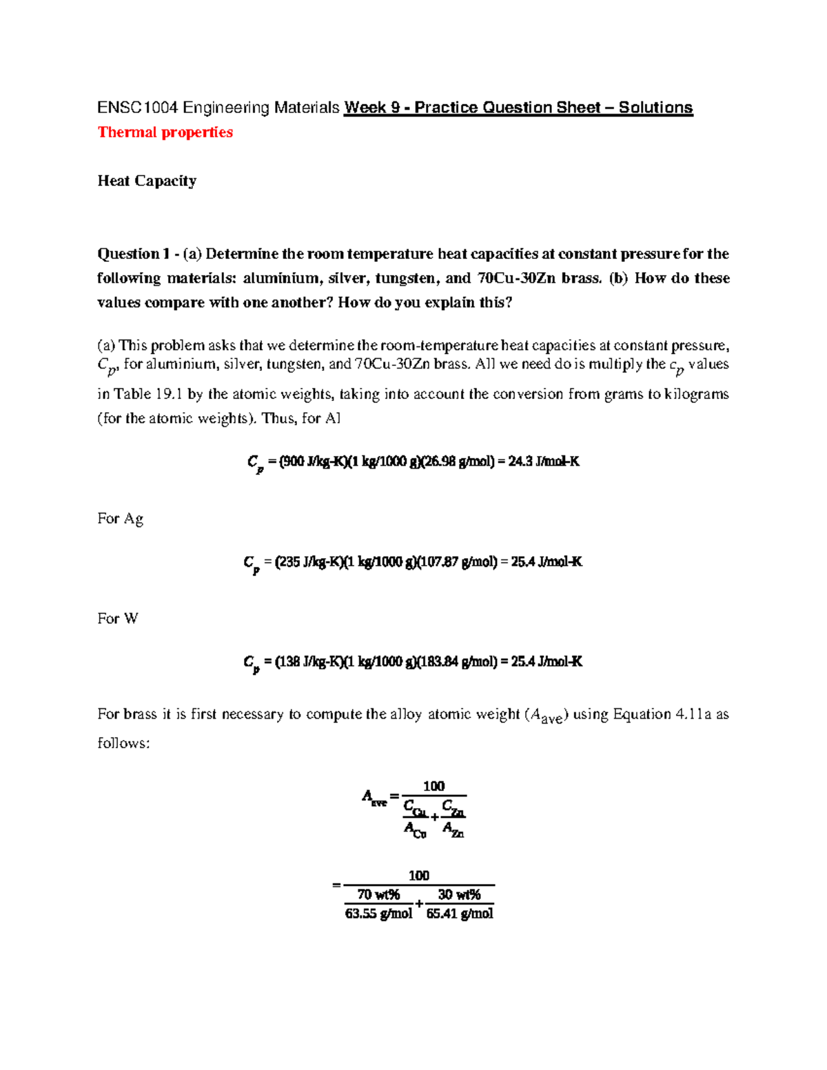 W-9 Practice Question Solutions - ENSC1004 Engineering Materials Week 9 ...