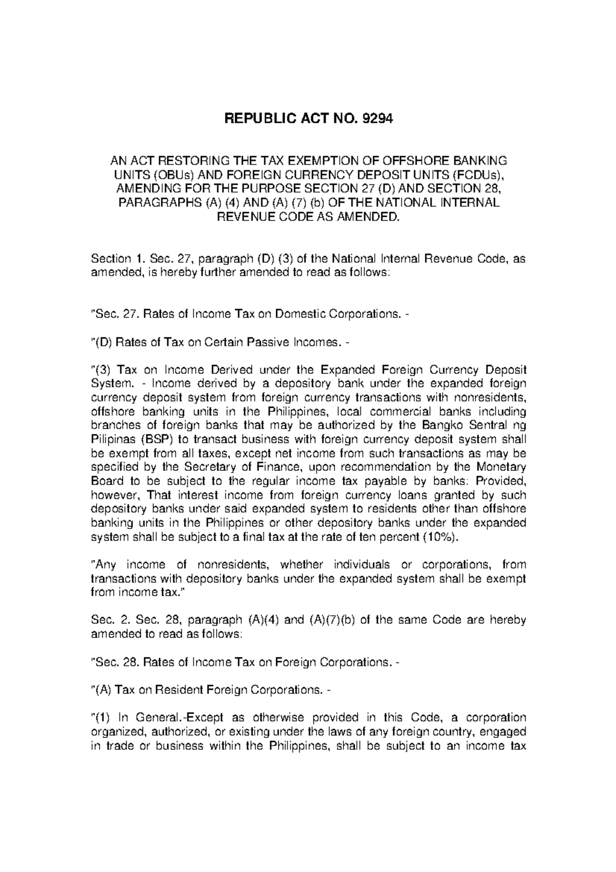 RA9294 - RA 9294 - REPUBLIC ACT NO. 9294 AN ACT RESTORING THE TAX ...