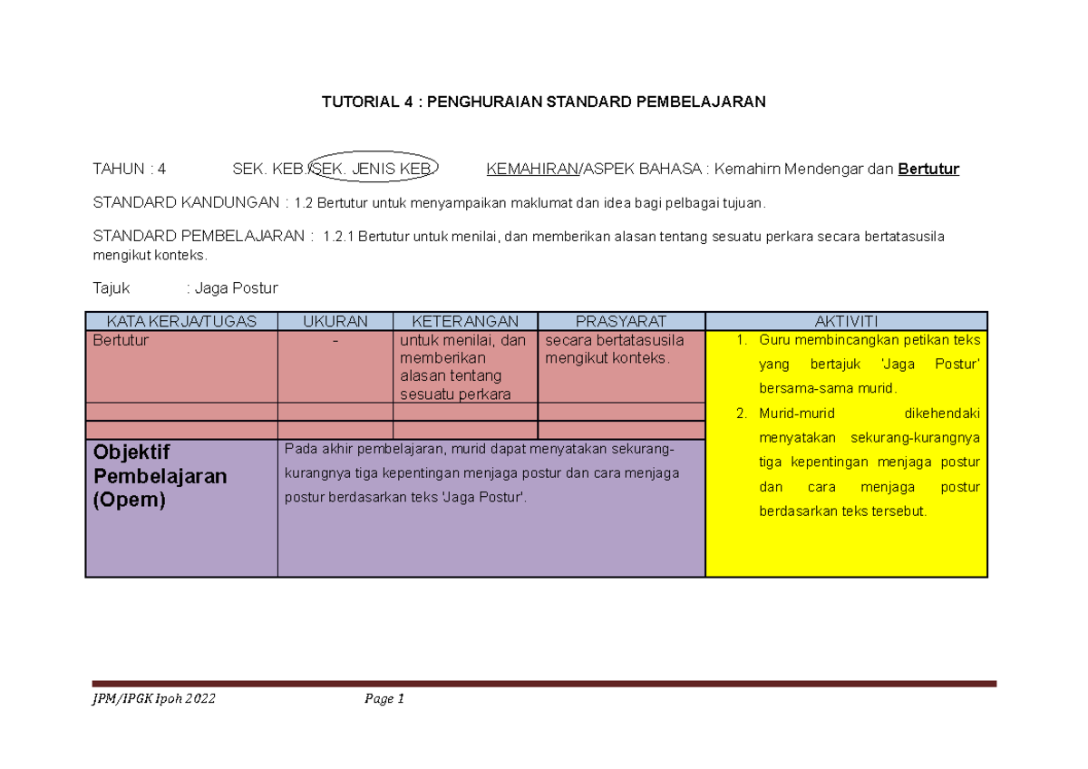 BMMB3043 T4 - latihan tutorial - TUTORIAL 4 : PENGHURAIAN STANDARD PEMBELAJARAN TAHUN : 4 SEK ...